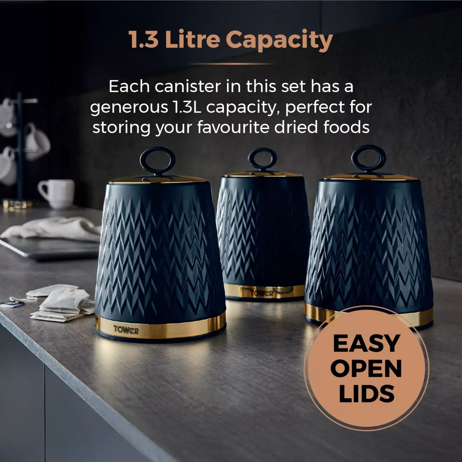 Tower T826091MNB Empire 3 Piece Canister Set Midnight Blue - Kettle and ...